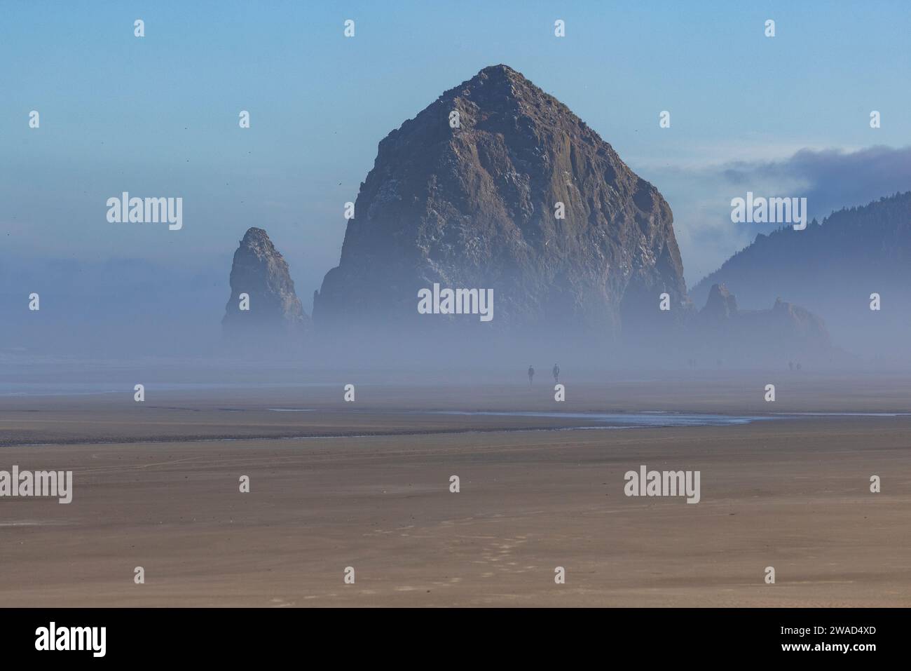 USA, Oregon, Haystack Rock at Cannon Beach in morning mist Stock Photo ...