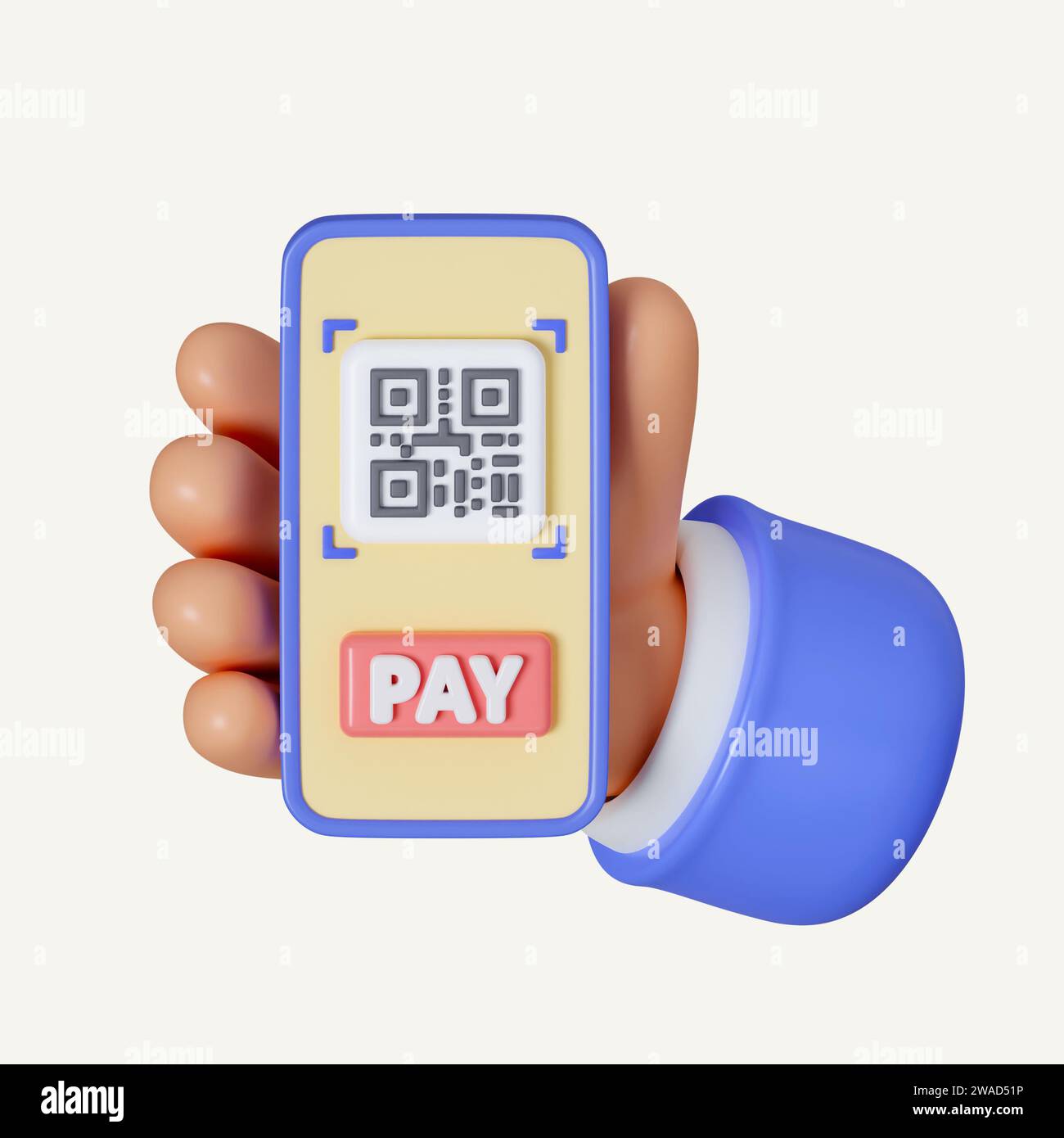 3d hand holds smartphone and use mobile app service with scan QR code ...