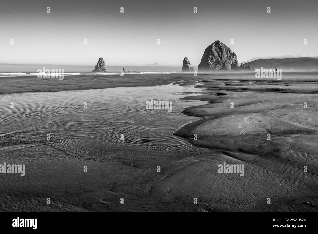 USA, Oregon, Sand, shallow pools of water and rock formations at Cannon ...