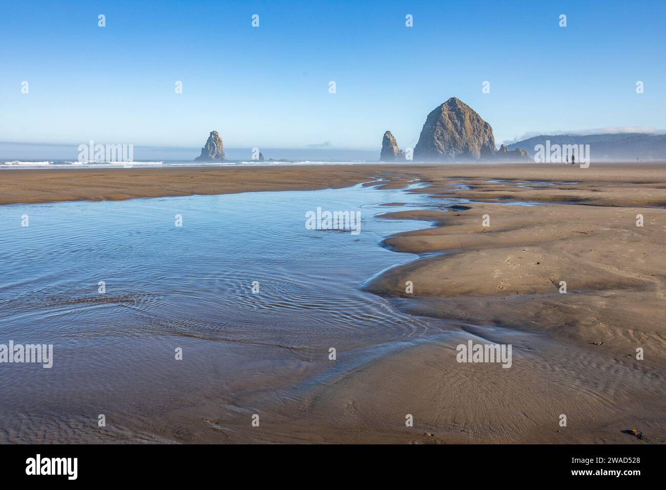USA, Oregon, Sand, shallow pools of water and rock formations at Cannon ...