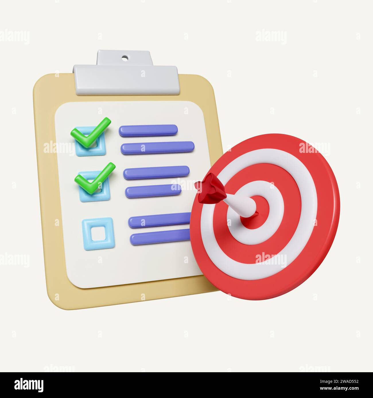 3D checklist with target bullseye and arrow in aim. Check list on ...