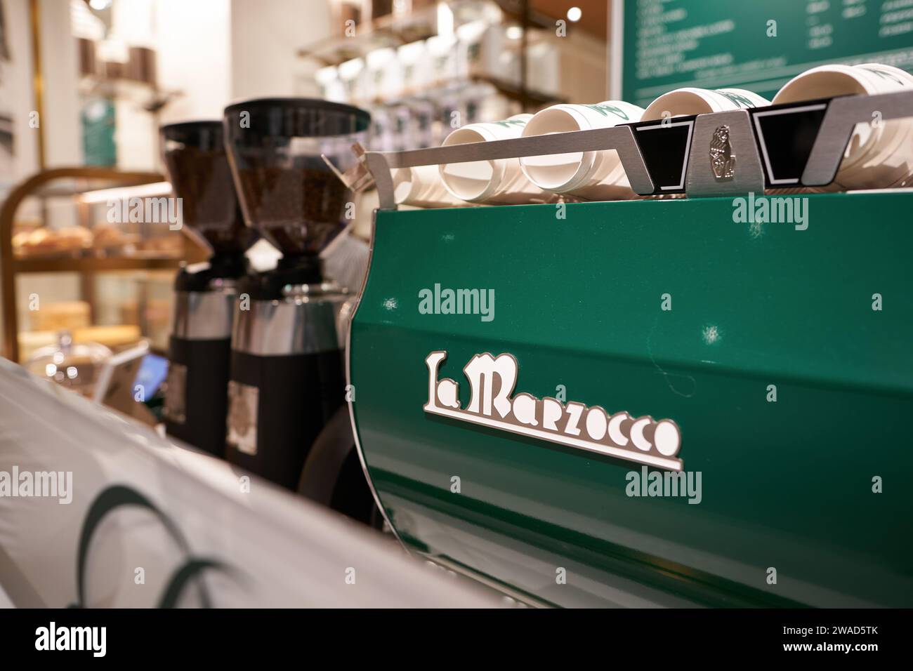 SINGAPORE - NOVEMBER 05, 2023: close up shot of La Marzocco coffee ...
