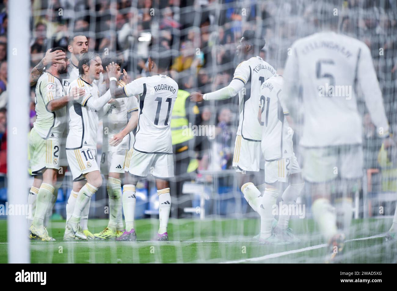 Madrid, Spain. 3rd Jan, 2024. Players of Real Madrid celebrate a goal ...