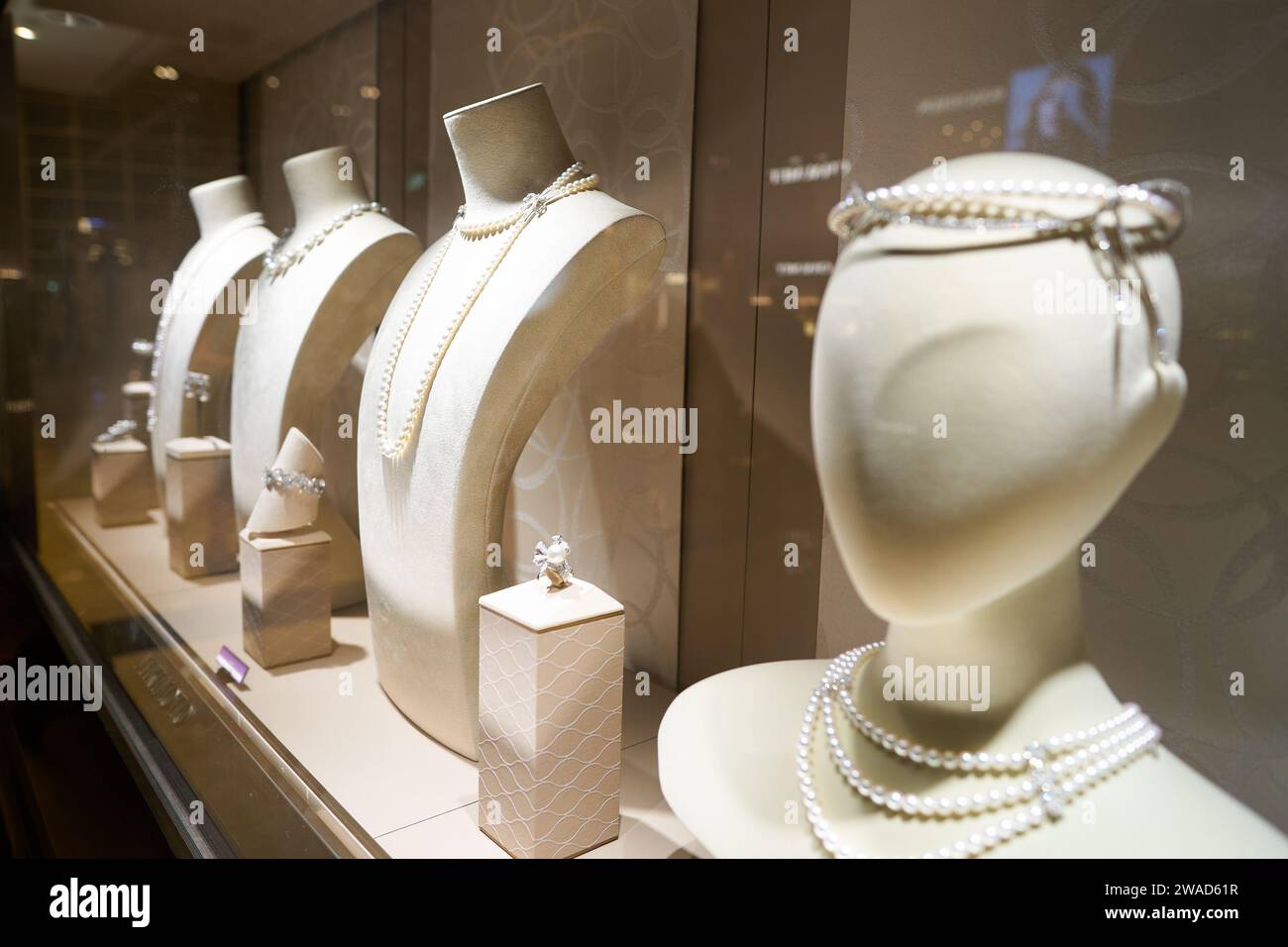 SINGAPORE - NOVEMBER 05, 2023: jewellery displayed at Mikimoto store ...