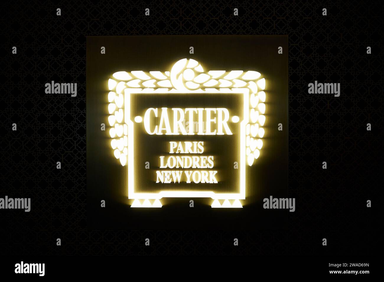 SINGAPORE - NOVEMBER 05, 2023: close up shot of Cartier sign as seen ...