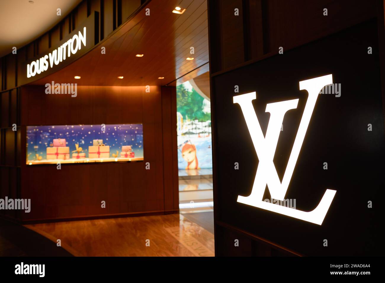 SINGAPORE - NOVEMBER 05, 2023: close up shot of Louis Vuitton's sign as ...