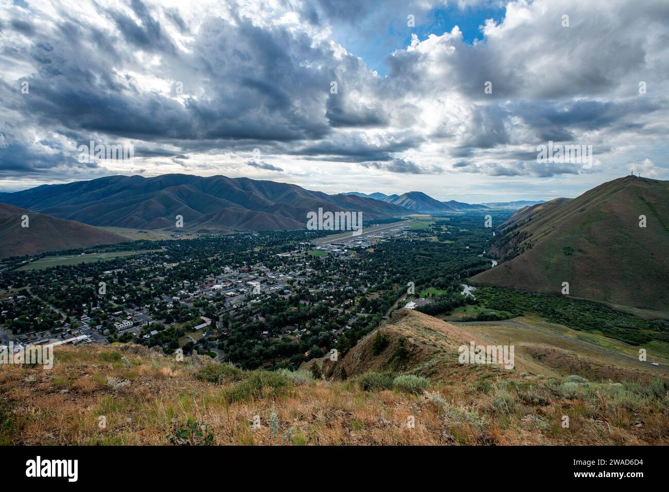 USA, Idaho, Hailey, View south from mountain trail at town in Wood ...