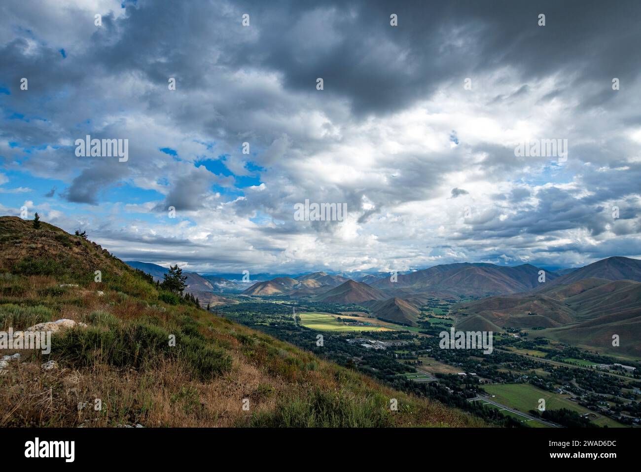 USA, Idaho, Hailey, View north up Wood River Valley towards Sun Valley ...
