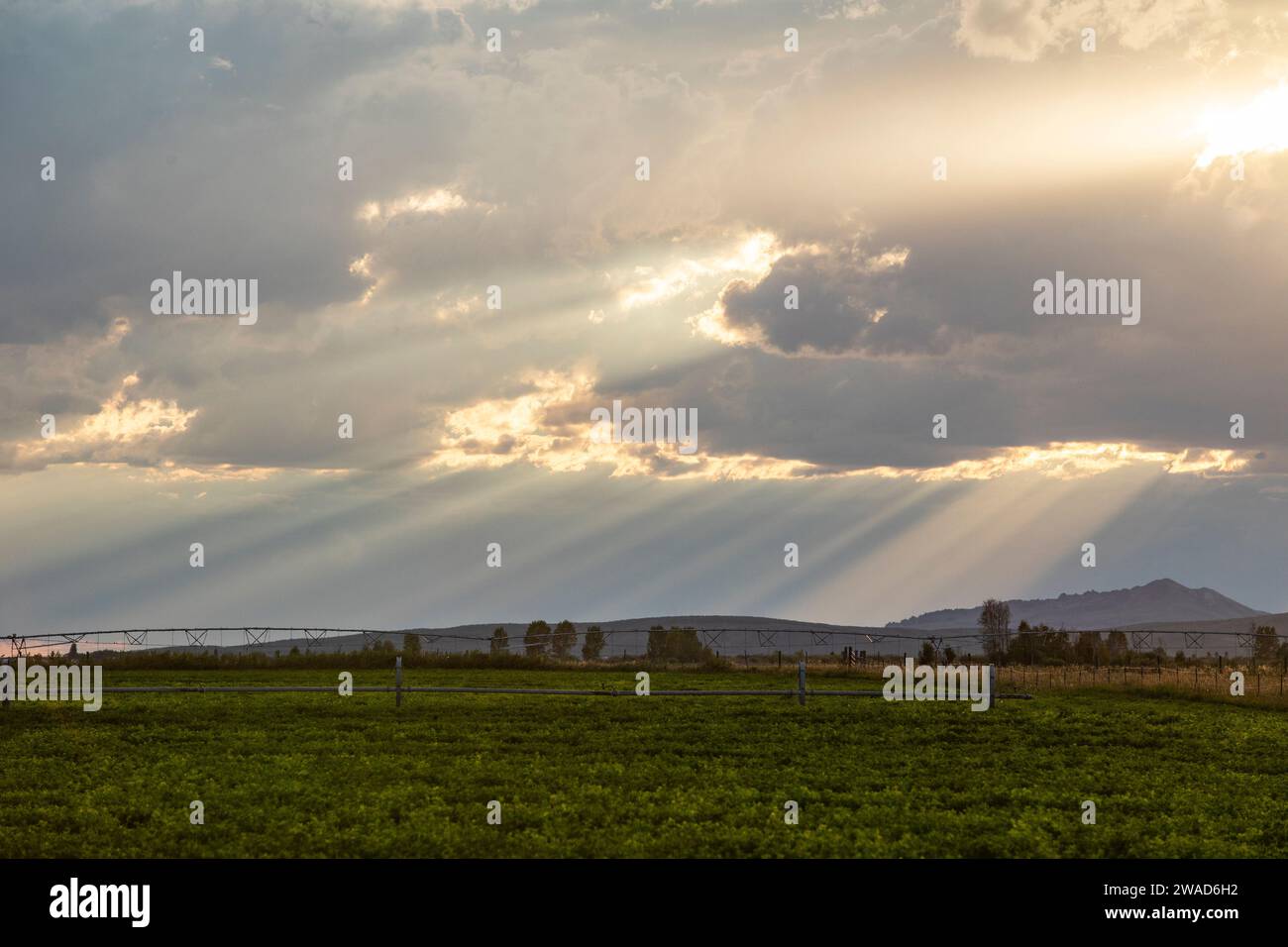 Rays from setting sun shining on fields and hills Stock Photo - Alamy