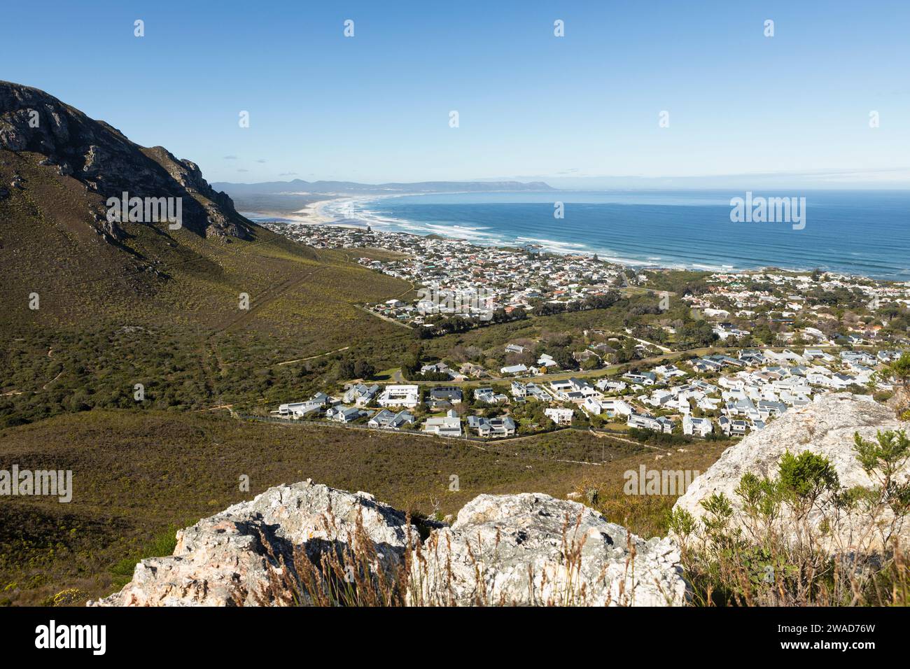 South Africa, Hermanus, Town on coast in Fernkloof Nature Reserve Stock ...