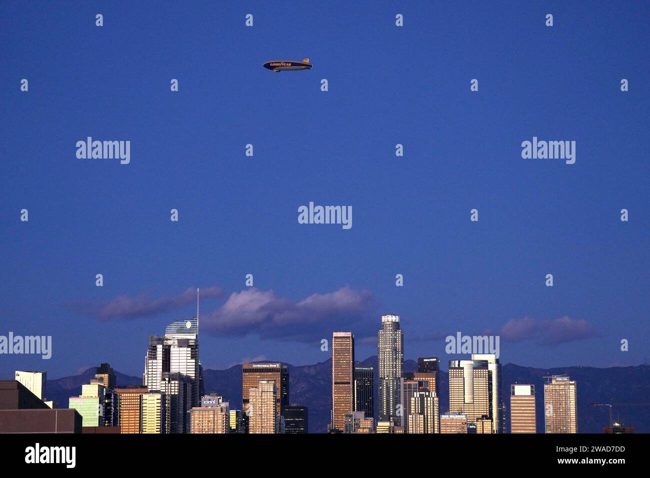 The Goodyear blimp Wingfoot Three (N3A) flies over the downtown Los ...