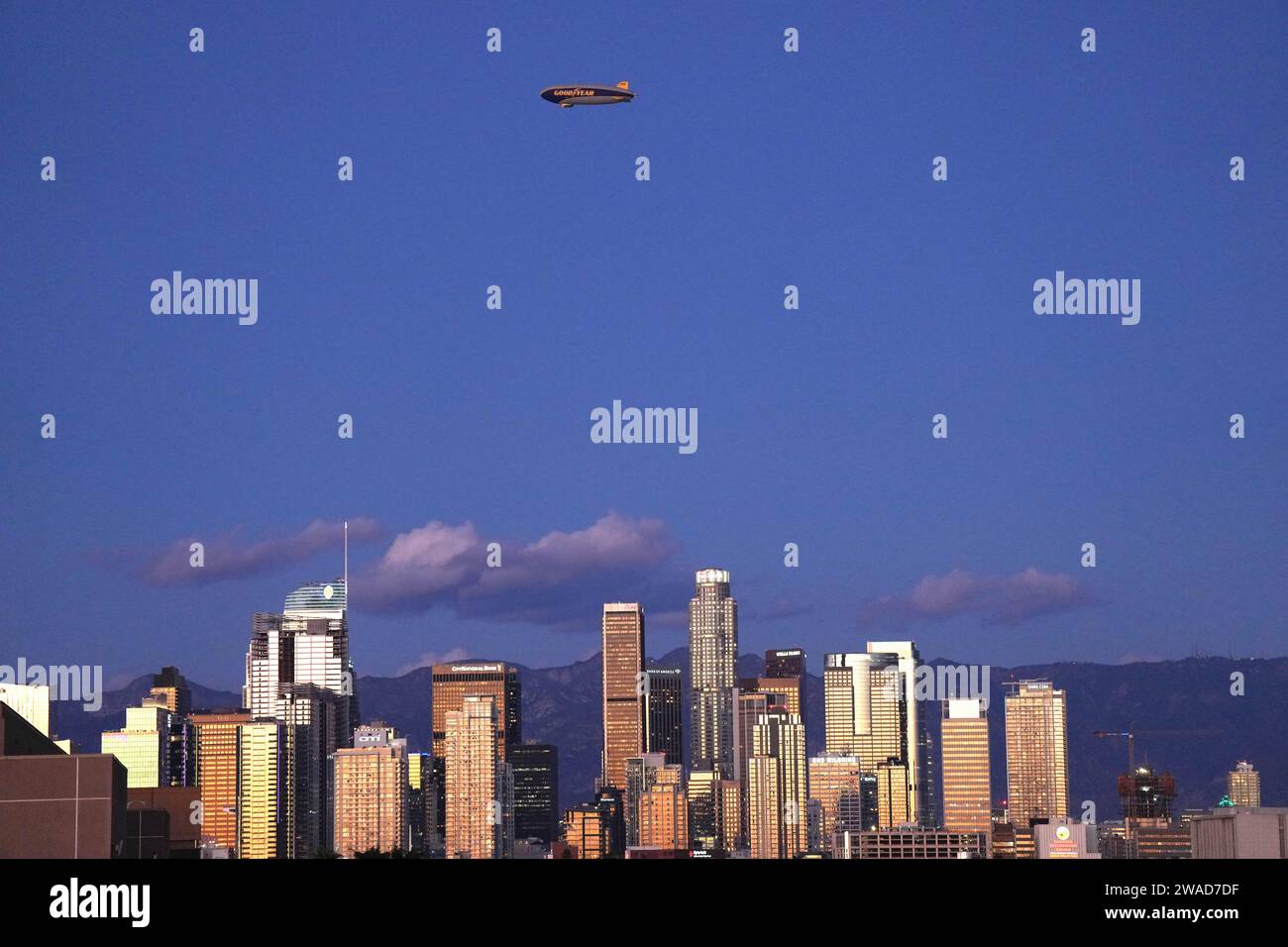 The Goodyear blimp Wingfoot Three (N3A) flies over the downtown Los ...