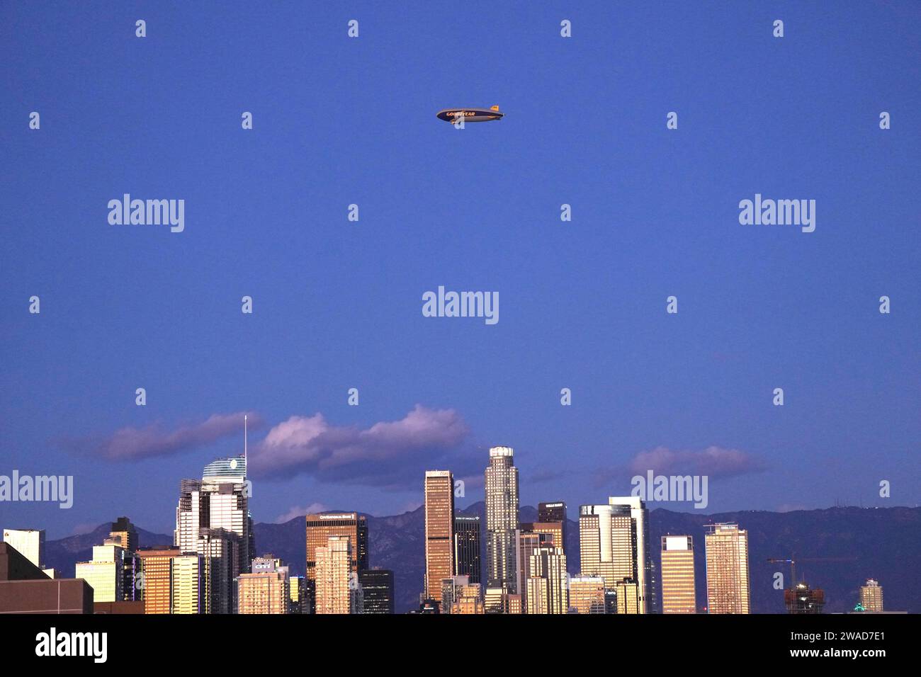 The Goodyear blimp Wingfoot Three (N3A) flies over the downtown Los ...