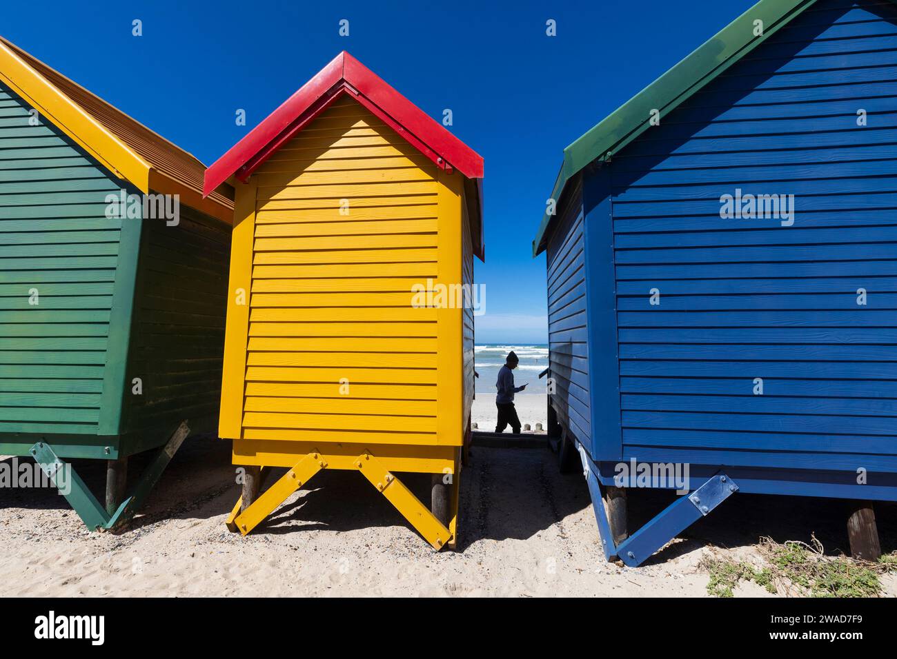 South Africa, Muizenberg, Row of colorful beach huts on Muizenberg ...