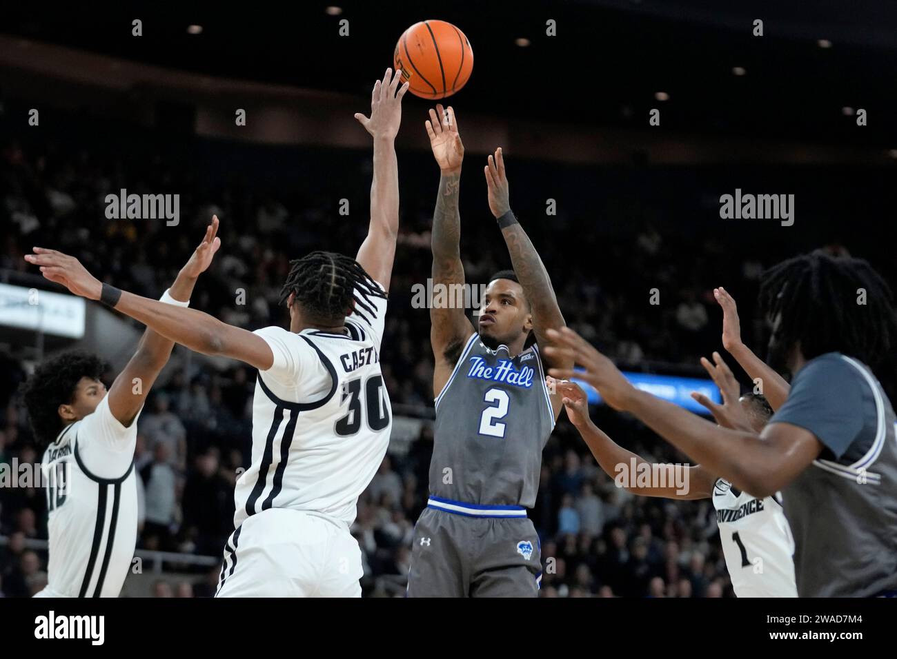 Seton Hall guard Al-Amir Dawes (2) shoots as Providence forwards Rich ...
