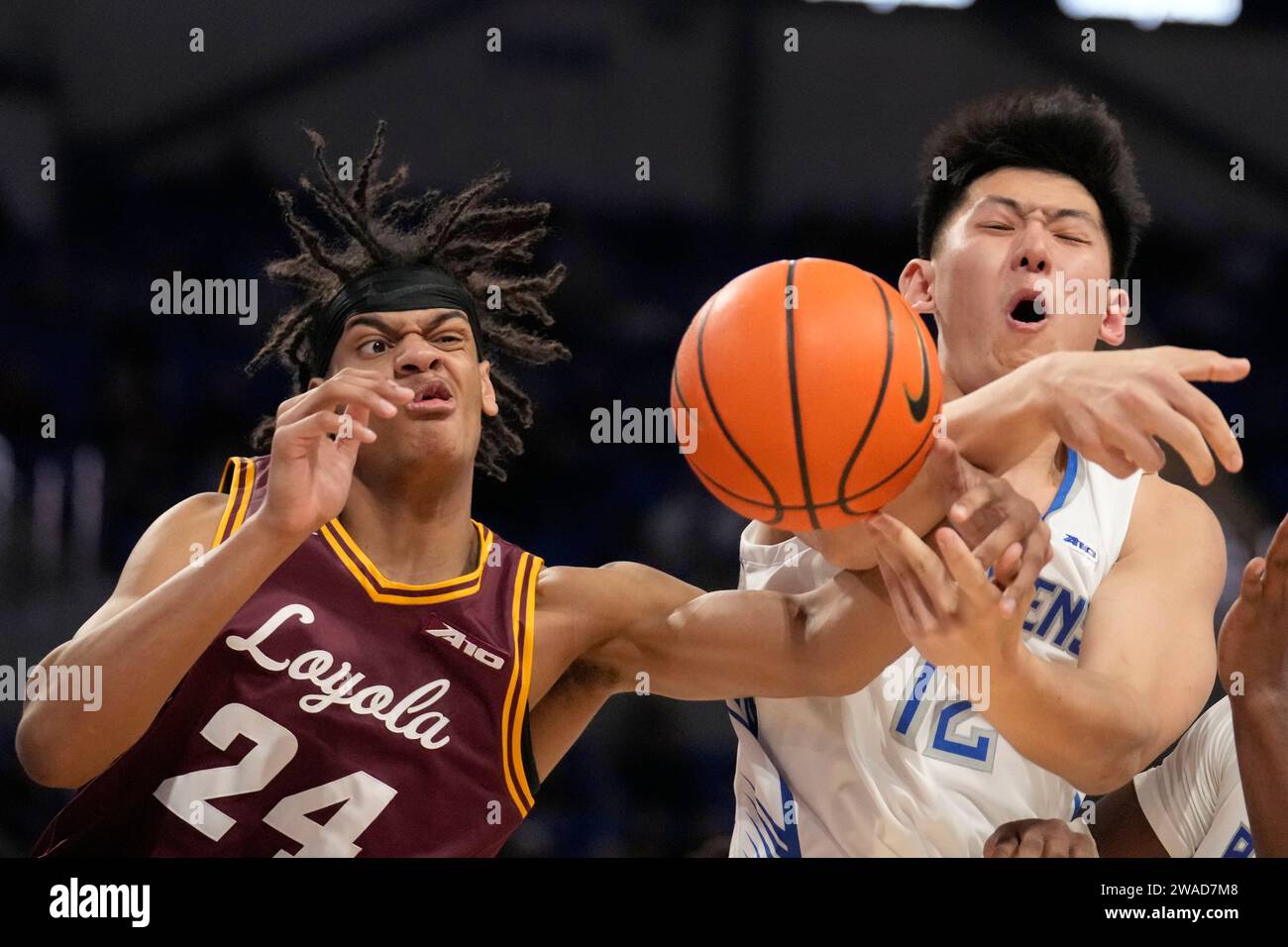 Loyola Chicago's Miles Rubin (24) and Saint Louis' Bruce Zhang (12 ...