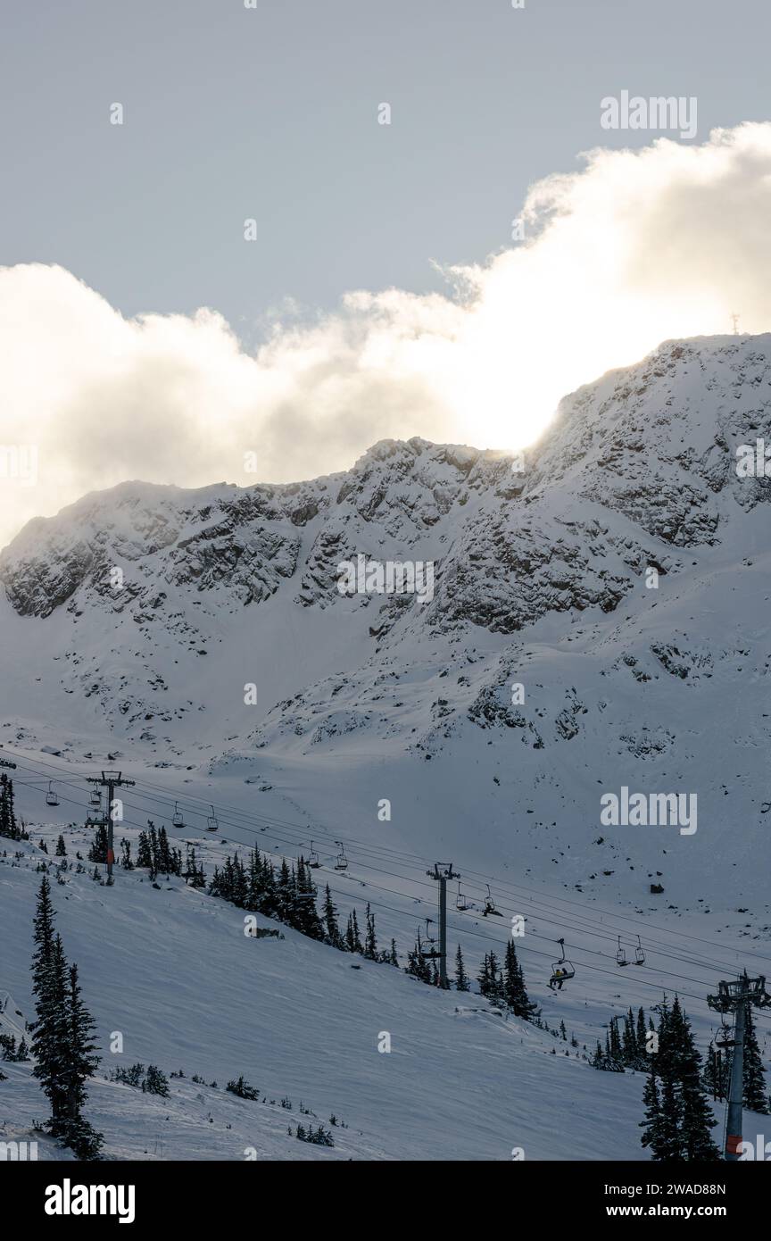 A dramatic view of a ski track and ski lifts against a snowy rocky ...