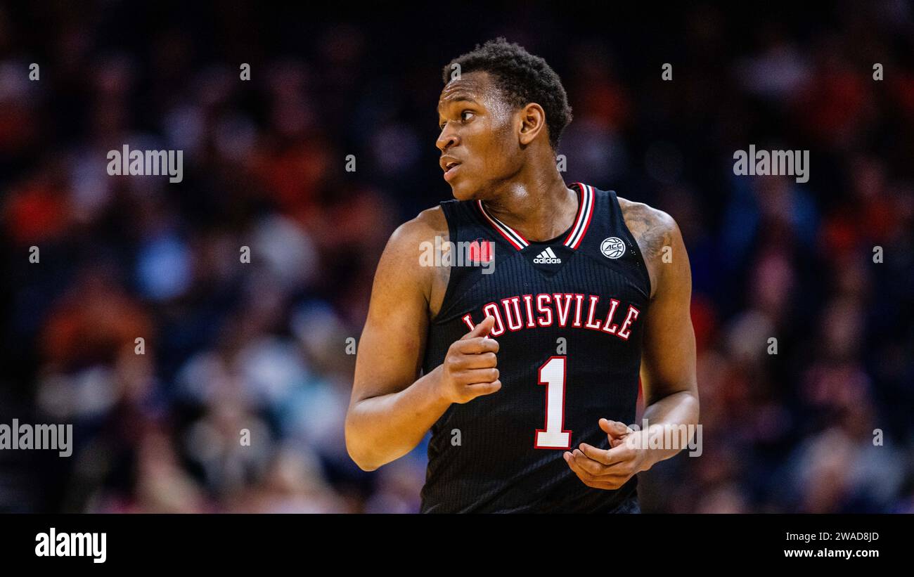Charlottesville, VA, USA. 3rd Jan, 2024. Louisville Cardinals guard ...