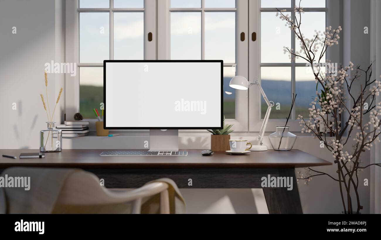 A modern home office with a computer desk near by a window. A white ...