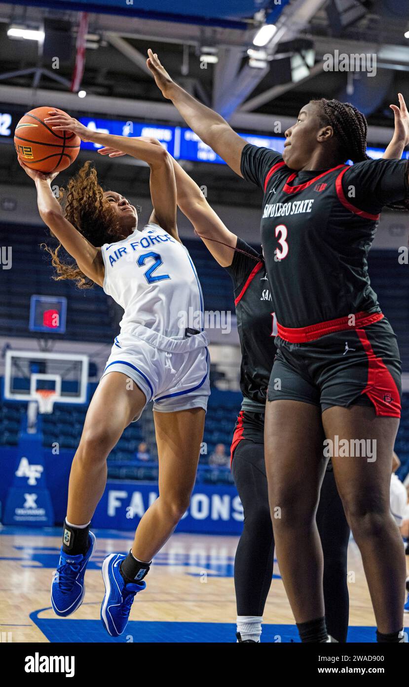 Air Force guard Milahnie Perry (2) makes a shot despite being blocked ...
