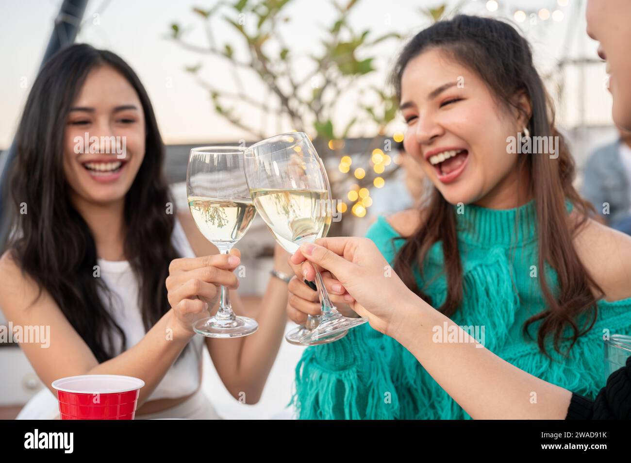 Group of attractive young Asian female friends are toasting champagne ...
