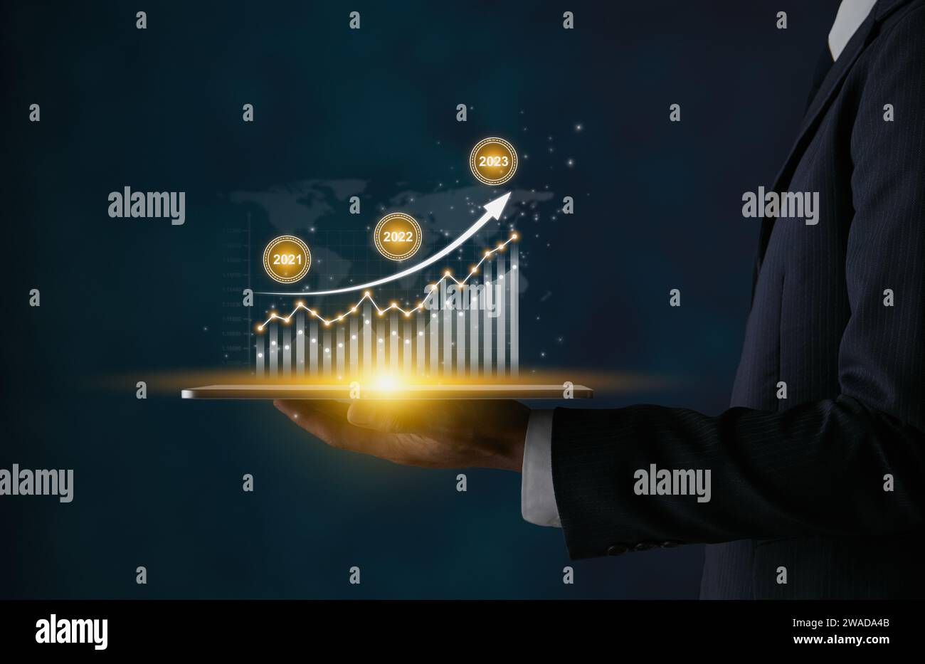 Stock Market Bar Chart,Line Graph Trend and 2023 Icon on Tablet in ...