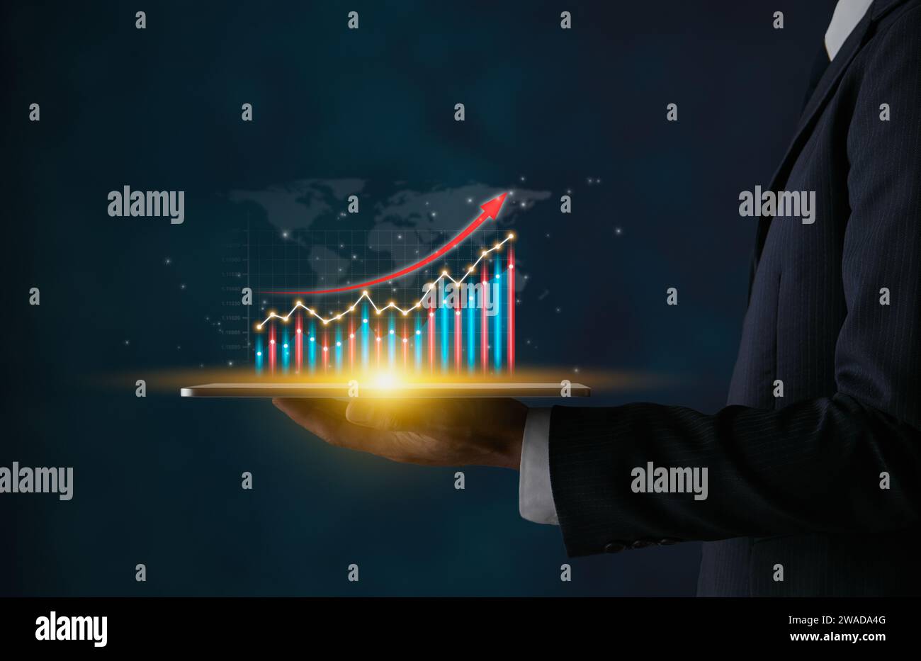 Color Stock Market Bar Chart,Line Graph Trend and World Map on Tablet ...