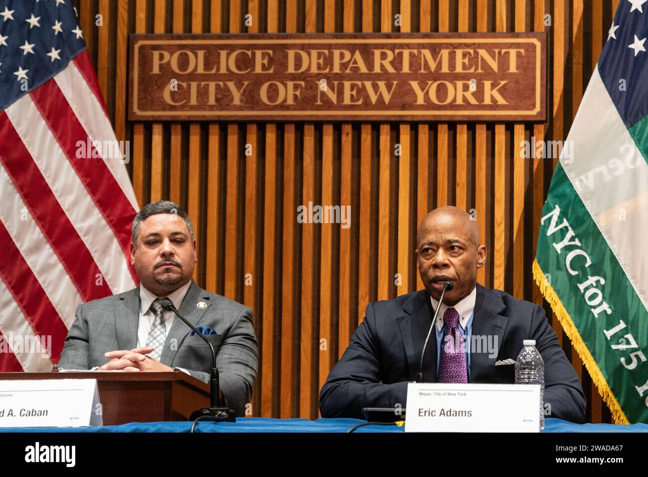 New York, USA. 03rd Jan, 2024. Mayor Eric Adams speaks as Police ...