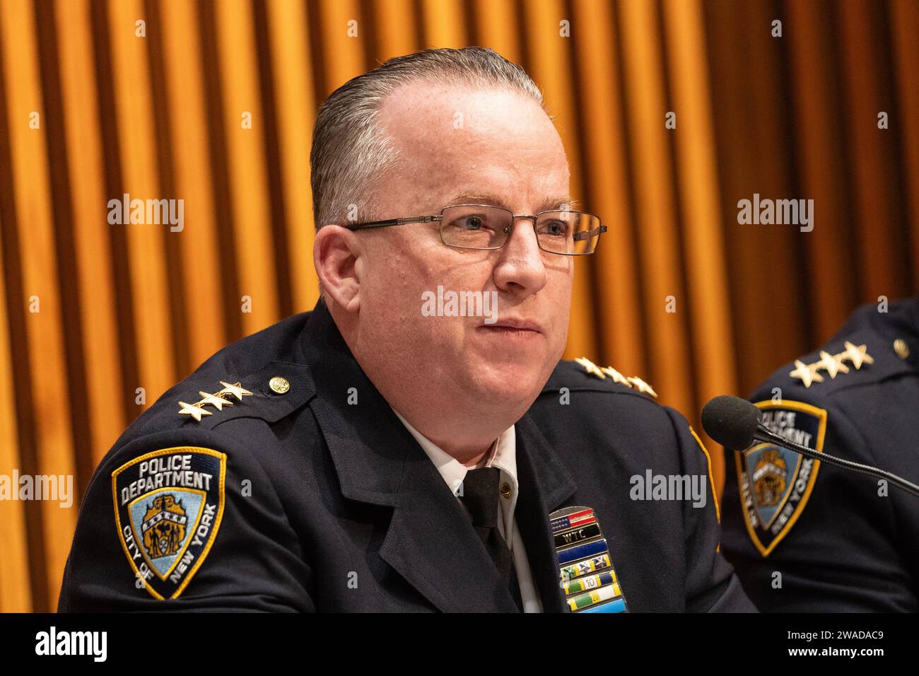 New York, USA. 03rd Jan, 2024. Chief of Patrol John Chell speaks during ...
