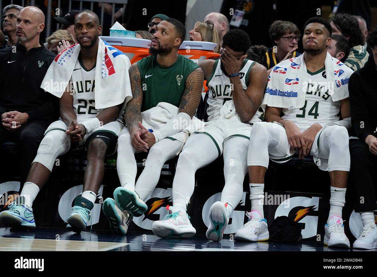 Milwaukee Bucks players, from left, Khris Middleton, Damian Lillard ...