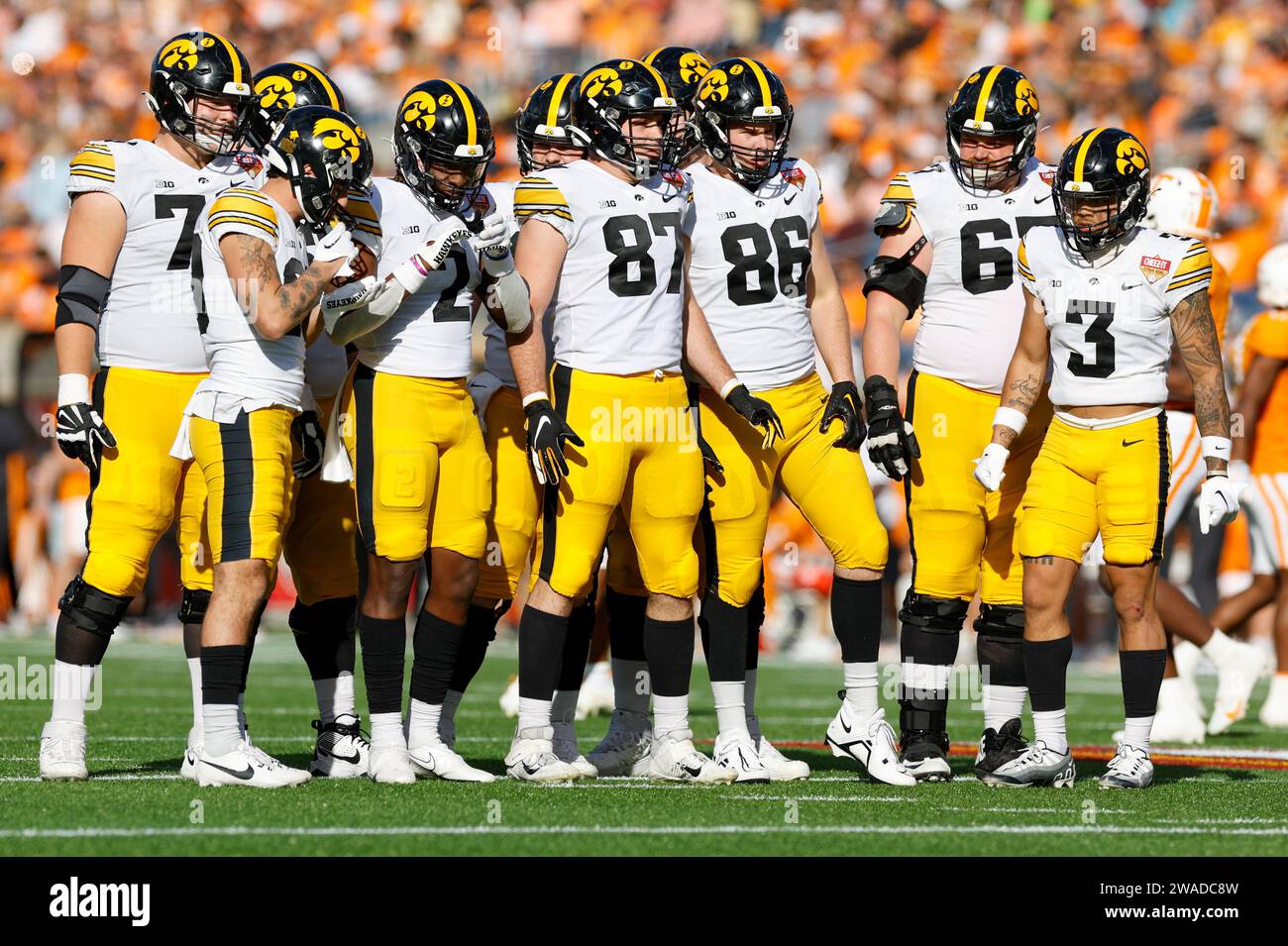 ORLANDO, FL - JANUARY 01: Iowa Hawkeyes players line up for a play ...