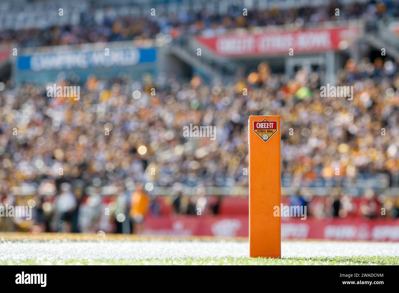 ORLANDO, FL - JANUARY 01: An end zone pylon with the Cheez-it Citrus ...