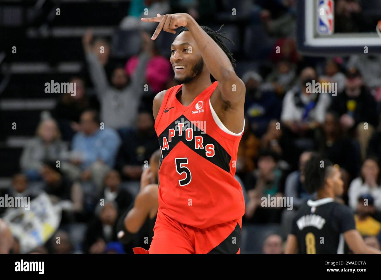 Toronto Raptors guard Immanuel Quickley (5) reacts in the first half of ...