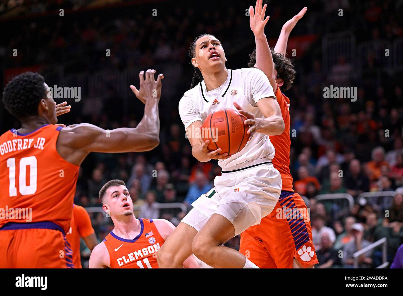 CORAL GABLES, FL - JANUARY 03: Miami guard Kyshawn George (7) puts up a ...