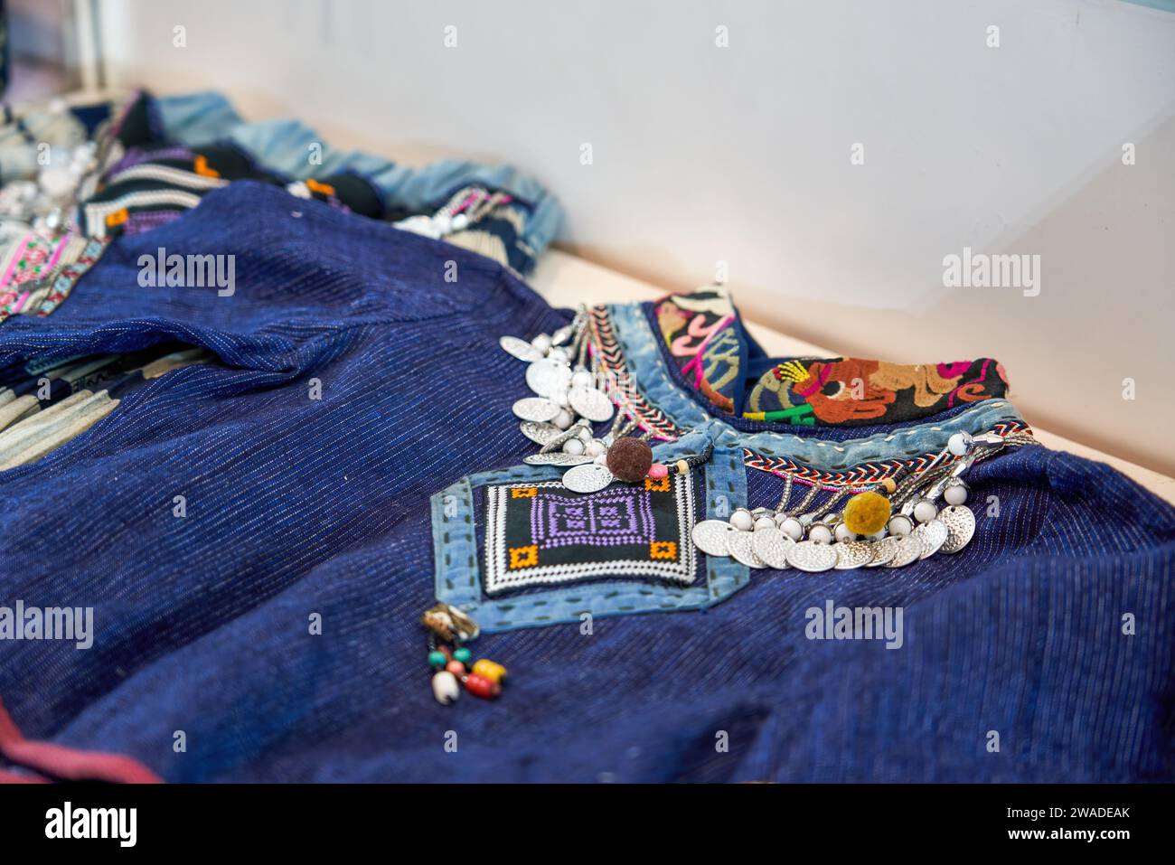 Close-up of the national costumes of the Zhuang people in Guangxi ...