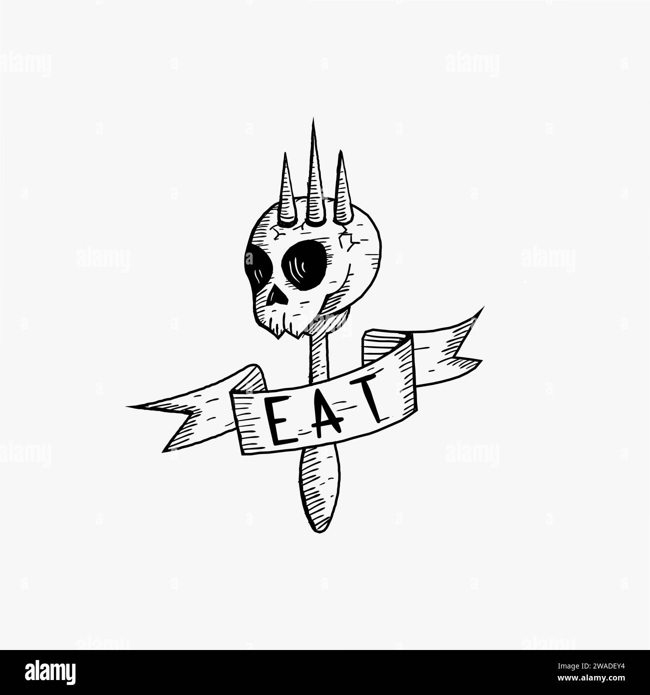 vintage handrawn fork and skull logo, poison food logo vector on white ...