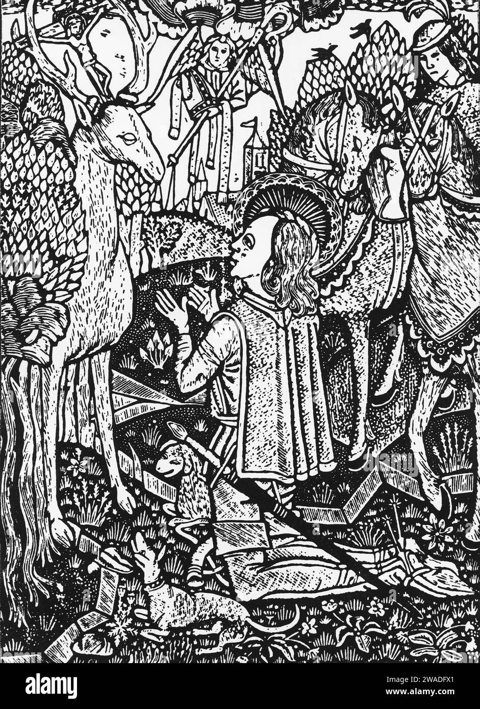 St Hubert of Liege in front of the stag with Christ on its antlers ...
