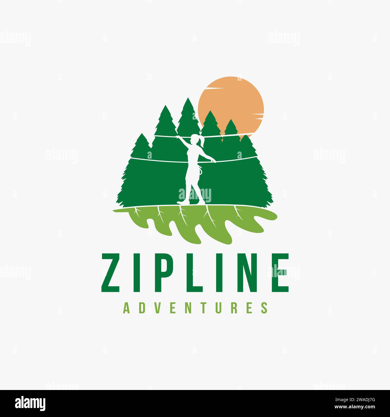 Woman walk on oak leaf, game and park logo, zipline adventure game logo ...