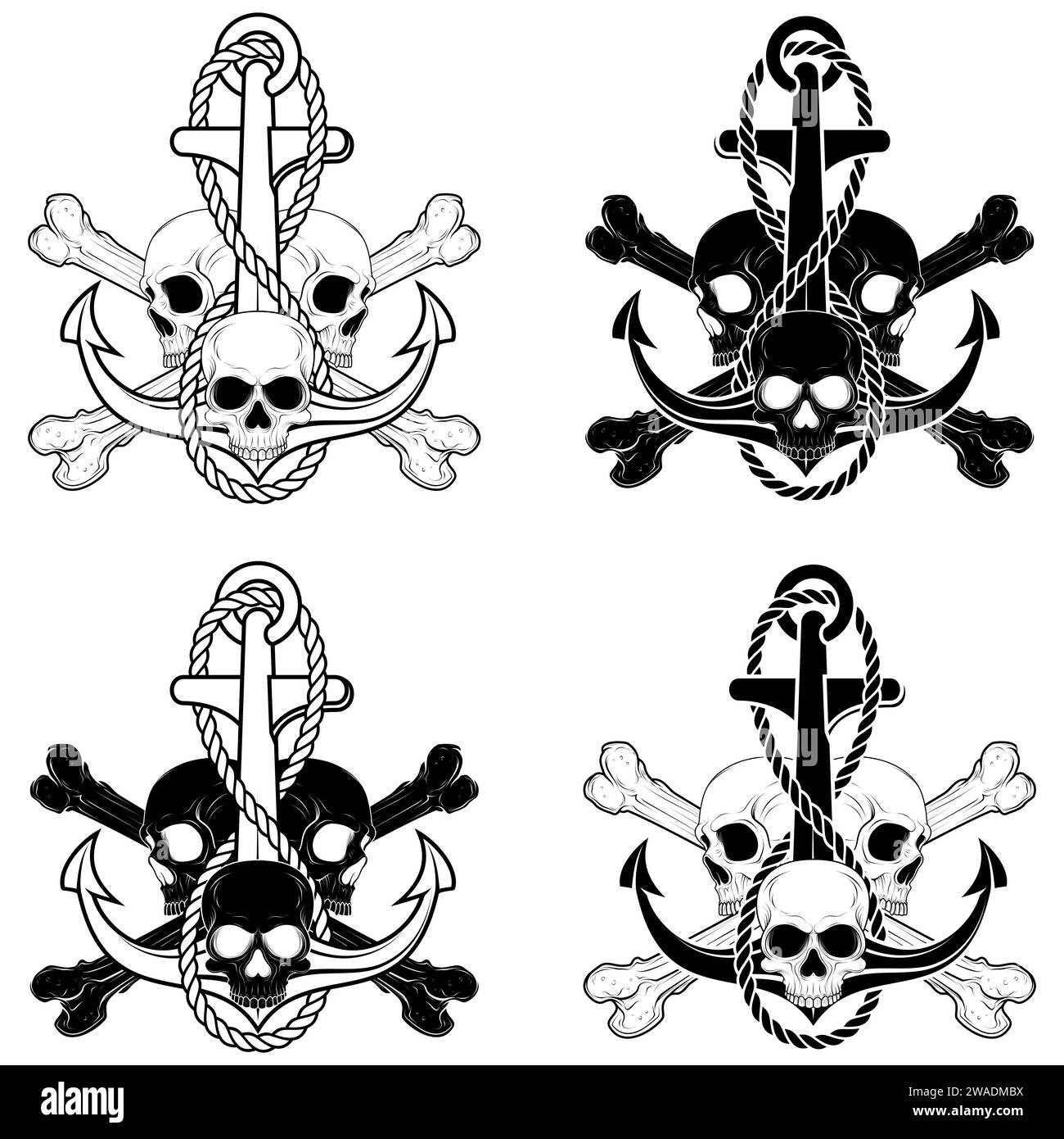Vector illustration of skulls with an anchor with rope and bones, all ...