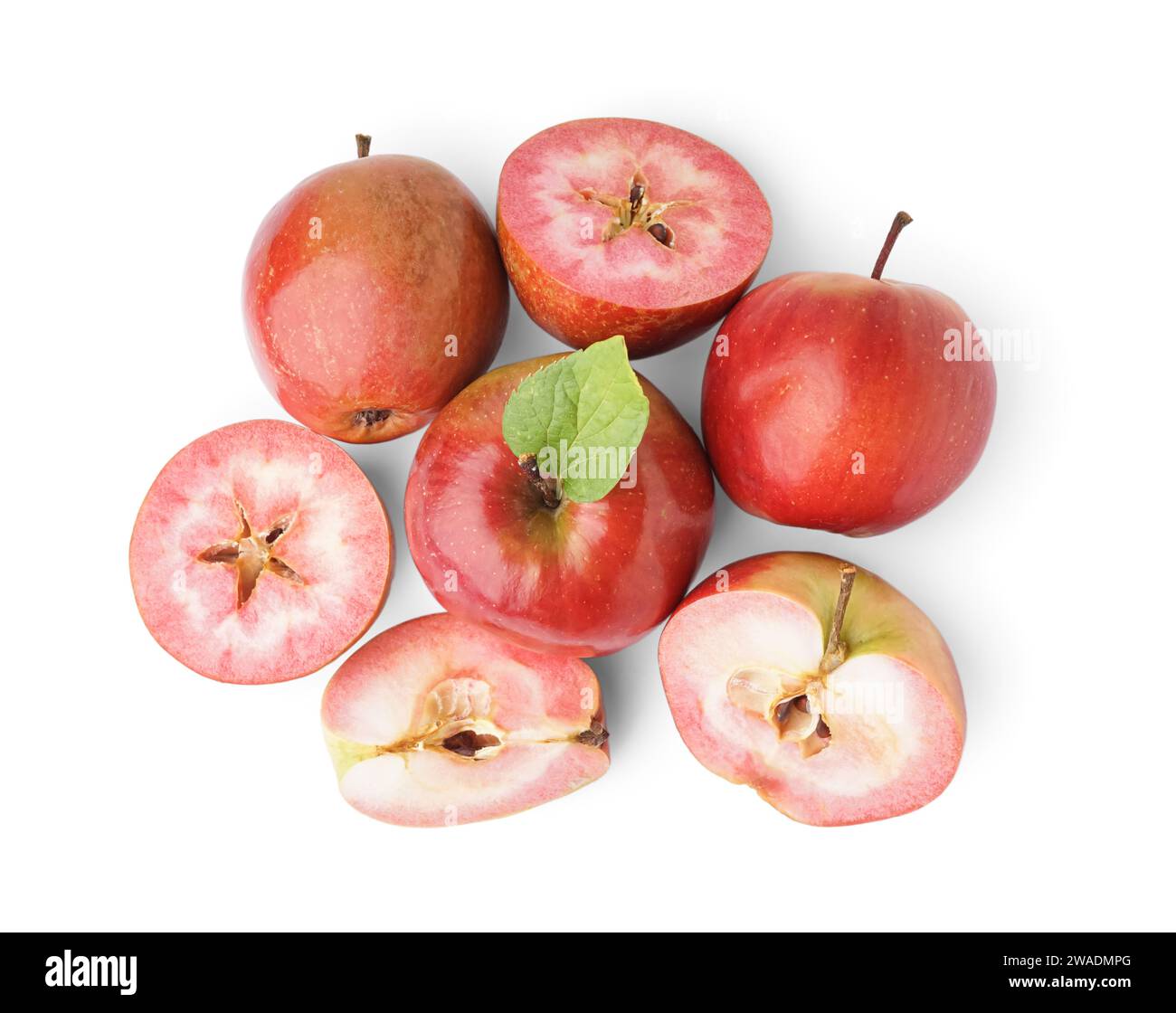 Sweet pink apples with leaf on white background Stock Photo - Alamy