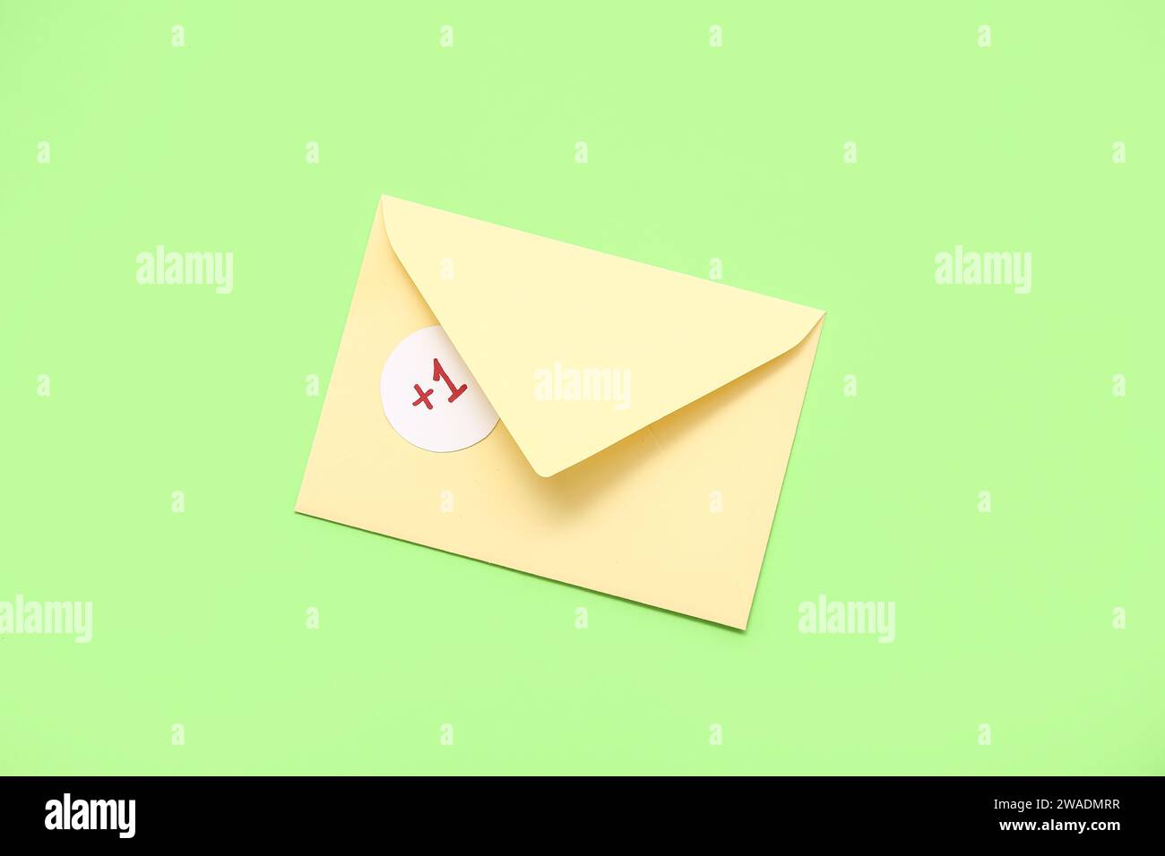 Closed envelope with +1 icon on green background. New message Stock ...