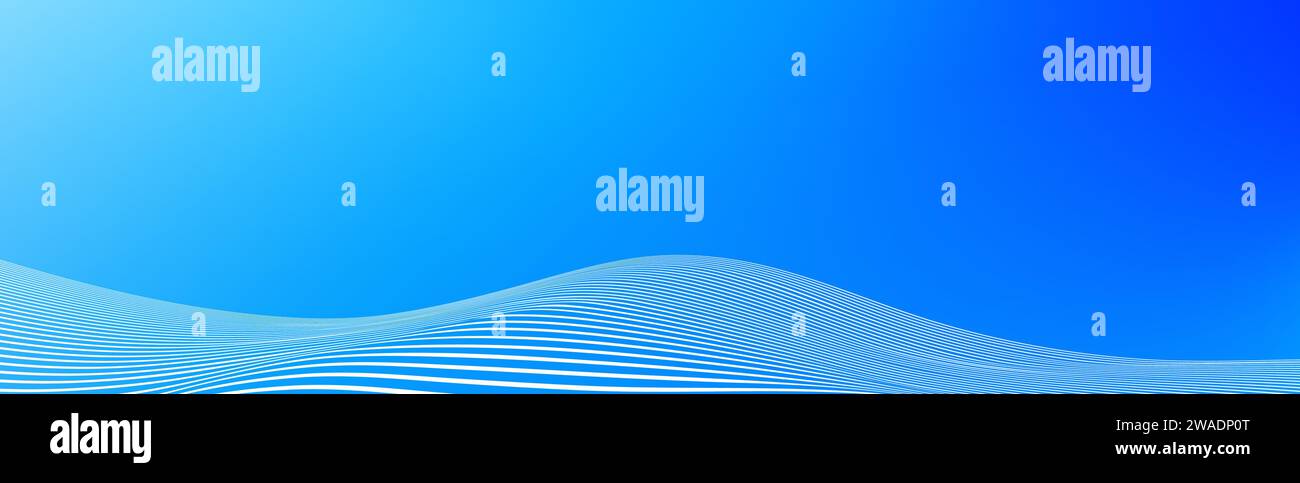 Abstract white wave lines on blue gradient background. Wide banner with ...