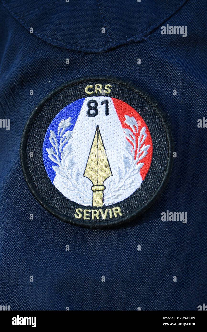 Marseille, France. 03rd Jan, 2024. The CRS 81 (Compagnie Republicaine de Sécurité 81) badge on a ...