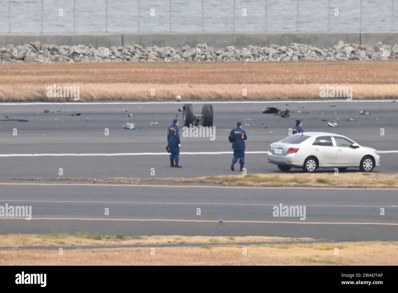 Hokkaido, Japan, January 3, 2024. Main gear tires of Japan Coast Guard ...