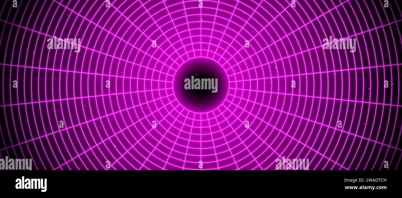 Pink glowing wireframe tunnel. Neon wormhole in dark space with stars ...