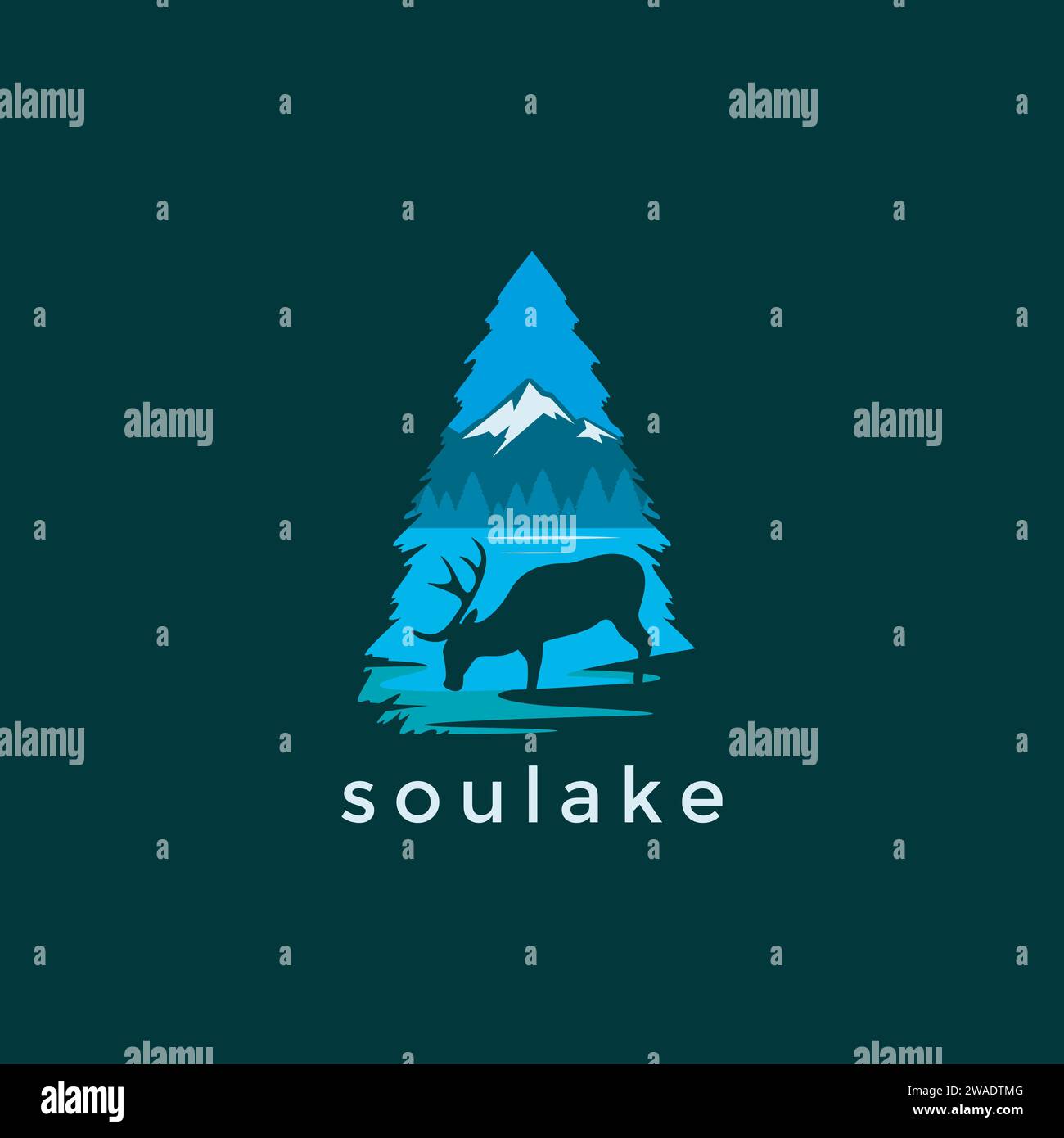 Wilderness deer and lake landscape logo vector illustration on dark ...