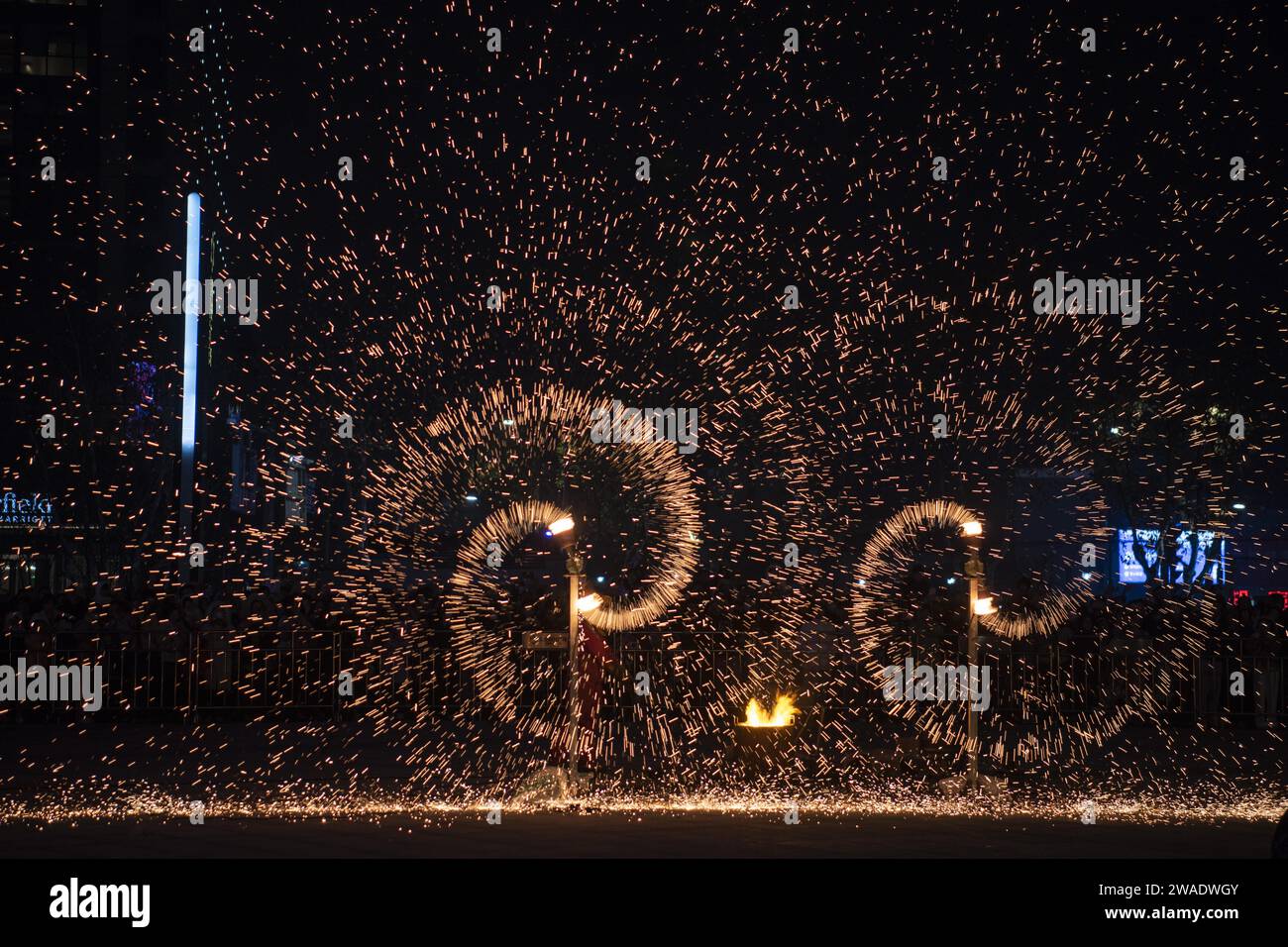 A traditional iron spraying known as Datiehua is staged in Yuyao City ...