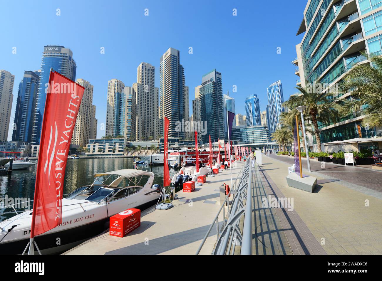 Modern skyline along the promenade of the Dubai Marina in Dubai, UAE ...