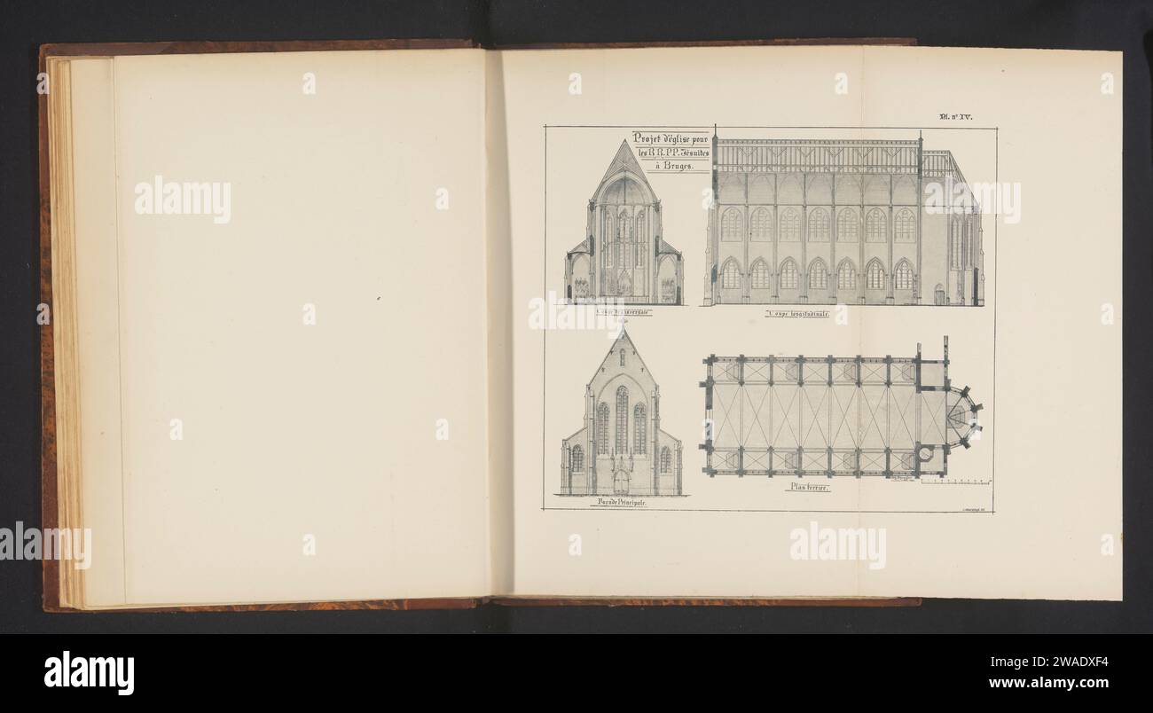 Reproduction of design drawings of a cross -section, side view, front ...