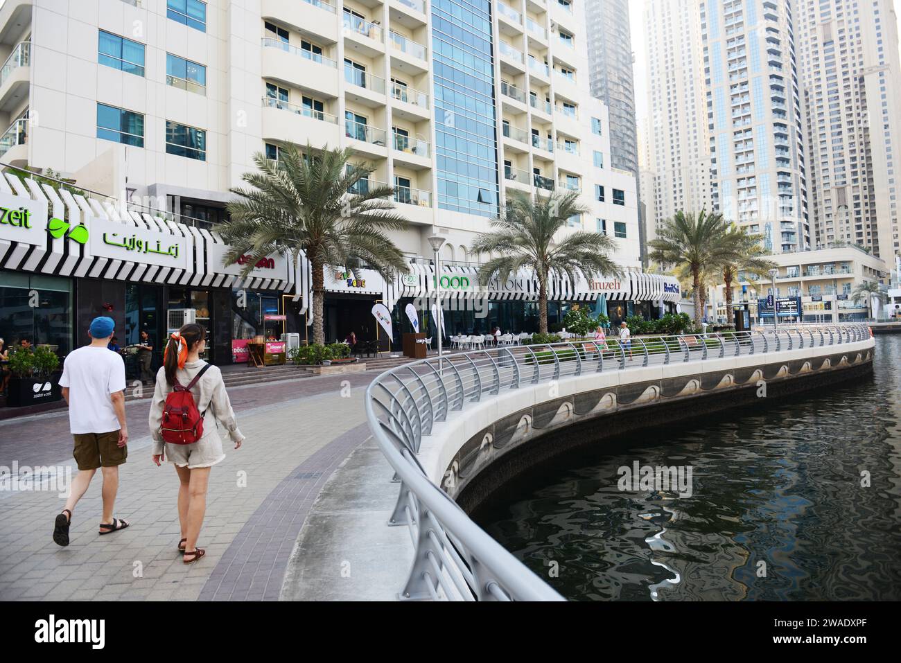 Modern skyline along the promenade of the Dubai Marina in Dubai, UAE ...